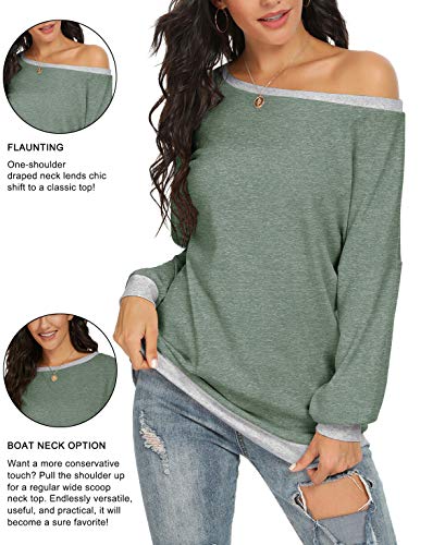 JINKESI Women Long Sleeve Tops Color Block Sweatshirts Round Neck Loose Tunic Top VG-Green-X-Large