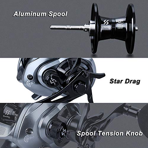 Sougayilang Baitcasting Fishing Reel High Speed Baitcaster with 9+1 Ball Bearings, Gear Ratio 8.0:1, Magnetic Brake System Power Handle Casting Reels - Right Handed - Gray