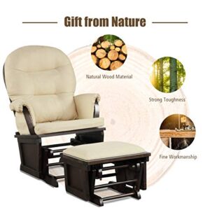 Costzon Baby Glider and Ottoman Cushion Set, Wood Baby Rocker Nursery Furniture for Napping, Nursing, Reading, Upholstered Comfort Nursery Chair w/Padded Armrests & Detachable Cushion (Beige)