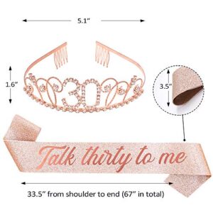 "Talk Thirty to me" Sash and Rhinestone Crown Set - 30th Birthday Party Gifts Birthday Sash for Women Birthday Party Supplies