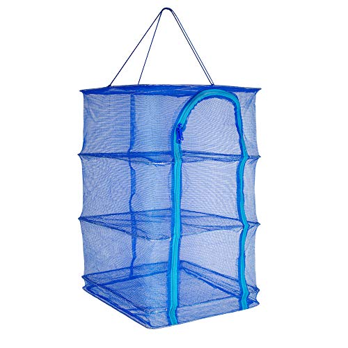 Ovovo 3 Layer Non-Toxic Nylon Netting Collapsible Drying Rack Folding Fish Mesh Hanging Dry Rack Net Food Dehydrator Carrying Bag-Blue (40x40cm/15.7X15.7inch)