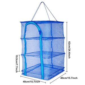 Ovovo 3 Layer Non-Toxic Nylon Netting Collapsible Drying Rack Folding Fish Mesh Hanging Dry Rack Net Food Dehydrator Carrying Bag-Blue (40x40cm/15.7X15.7inch)