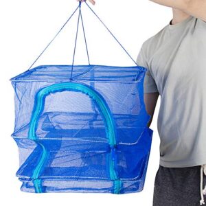 Ovovo 3 Layer Non-Toxic Nylon Netting Collapsible Drying Rack Folding Fish Mesh Hanging Dry Rack Net Food Dehydrator Carrying Bag-Blue (40x40cm/15.7X15.7inch)