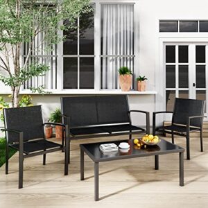 greesum 4 pieces patio furniture set, outdoor conversation sets for patio, lawn, garden, poolside with a glass coffee table, black