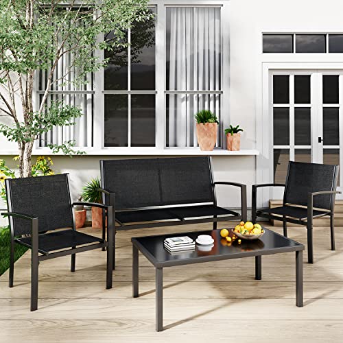 Greesum 4 Pieces Patio Furniture Set, Outdoor Conversation Sets for Patio, Lawn, Garden, Poolside with A Glass Coffee Table, Black