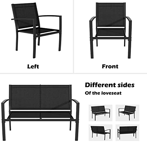 Greesum 4 Pieces Patio Furniture Set, Outdoor Conversation Sets for Patio, Lawn, Garden, Poolside with A Glass Coffee Table, Black