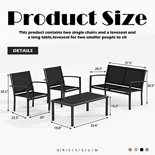 Greesum 4 Pieces Patio Furniture Set, Outdoor Conversation Sets for Patio, Lawn, Garden, Poolside with A Glass Coffee Table, Black