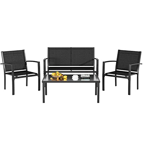 Greesum 4 Pieces Patio Furniture Set, Outdoor Conversation Sets for Patio, Lawn, Garden, Poolside with A Glass Coffee Table, Black