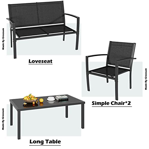 Greesum 4 Pieces Patio Furniture Set, Outdoor Conversation Sets for Patio, Lawn, Garden, Poolside with A Glass Coffee Table, Black