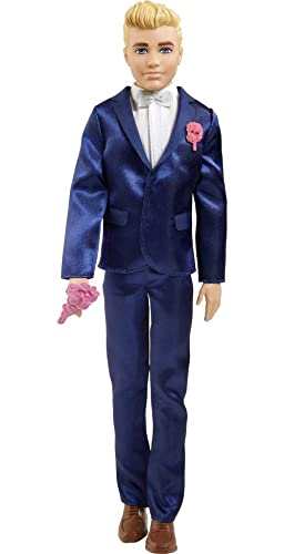 Barbie Ken Doll, Blonde Fairytale Groom with Satiny Blue Suit and 5 Accessories Including Bouquet and Wedding Cake