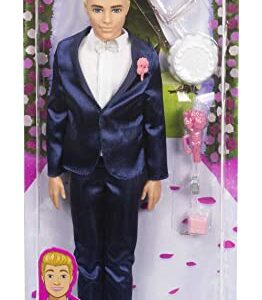 Barbie Ken Doll, Blonde Fairytale Groom with Satiny Blue Suit and 5 Accessories Including Bouquet and Wedding Cake