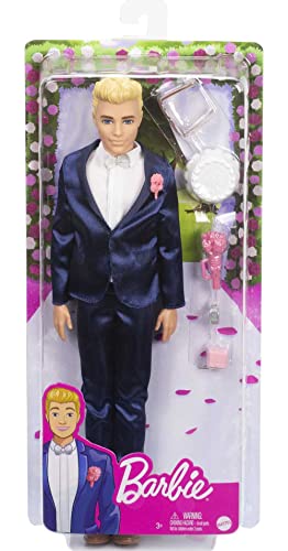 Barbie Ken Doll, Blonde Fairytale Groom with Satiny Blue Suit and 5 Accessories Including Bouquet and Wedding Cake