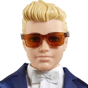 Barbie Ken Doll, Blonde Fairytale Groom with Satiny Blue Suit and 5 Accessories Including Bouquet and Wedding Cake