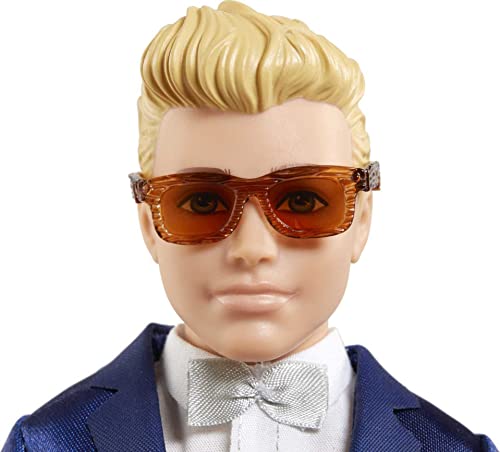 Barbie Ken Doll, Blonde Fairytale Groom with Satiny Blue Suit and 5 Accessories Including Bouquet and Wedding Cake