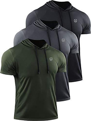 NELEUS Men's Running Shirt Mesh Workout Athletic Shirts with Hoods,5084,3 Pack,Black/Grey/Olive Green,US XL,EU 2XL