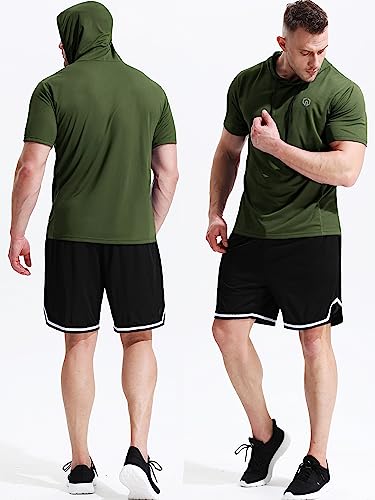 NELEUS Men's Running Shirt Mesh Workout Athletic Shirts with Hoods,5084,3 Pack,Black/Grey/Olive Green,US XL,EU 2XL