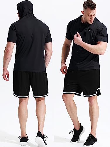 NELEUS Men's Running Shirt Mesh Workout Athletic Shirts with Hoods,5084,3 Pack,Black/Grey/Olive Green,US XL,EU 2XL