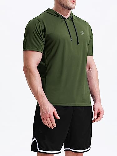 NELEUS Men's Running Shirt Mesh Workout Athletic Shirts with Hoods,5084,3 Pack,Black/Grey/Olive Green,US XL,EU 2XL