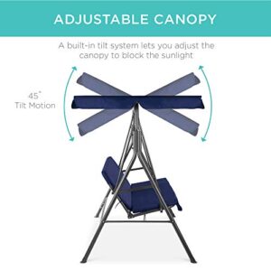 Best Choice Products 2-Person Outdoor Patio Swing Chair, Hanging Glider Porch Bench for Garden, Poolside, Backyard w/Convertible Canopy, Adjustable Shade, Removable Cushions - Blue