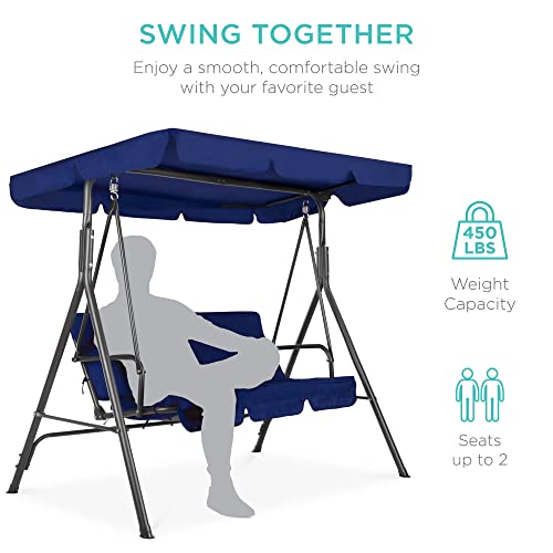 Best Choice Products 2-Person Outdoor Patio Swing Chair, Hanging Glider Porch Bench for Garden, Poolside, Backyard w/Convertible Canopy, Adjustable Shade, Removable Cushions - Blue