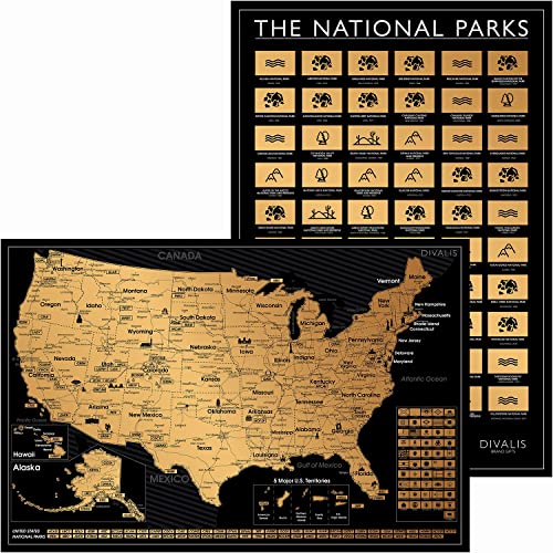 2 in 1 Gift Set - Scratch off US Map and 63 National Parks Poster - 24x16 Easy to Frame Scratchable United States of America Posters - Globetrotters Wall Map - Black and Gold Travel Tracker