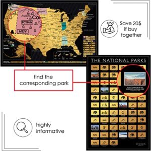 2 in 1 Gift Set - Scratch off US Map and 63 National Parks Poster - 24x16 Easy to Frame Scratchable United States of America Posters - Globetrotters Wall Map - Black and Gold Travel Tracker