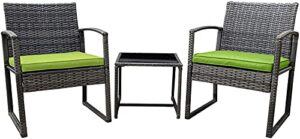 pyramid home decor black wicker furniture - 3 piece bistro set for outdoor conversation - 2 cushioned rattan chairs with glass coffee table for patio, lawn, porch, lounge, deck, balcony & living room