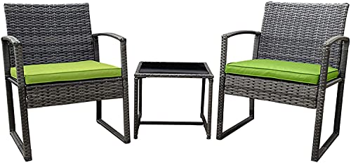 Pyramid Home Decor Black Wicker Furniture - 3 Piece Bistro Set for Outdoor Conversation - 2 Cushioned Rattan Chairs with Glass Coffee Table for Patio, Lawn, Porch, Lounge, Deck, Balcony & Living Room