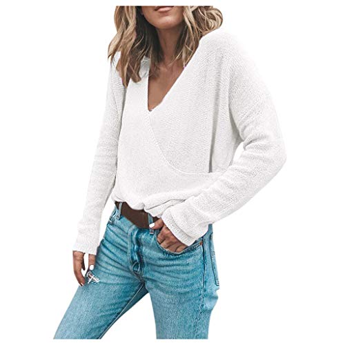 WUAI-Women Oversized Sweater Knitted Deep V-Neck Long Sleeve Wrap Front Loose Sweater Pullover Jumper Tops Plus Size(White,4X-Large)