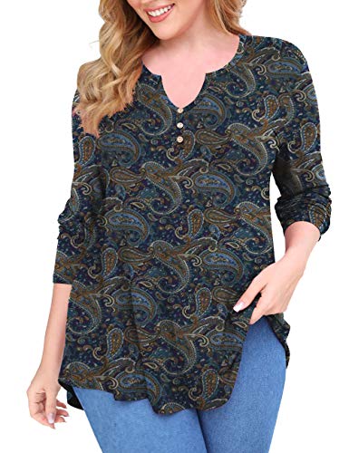 Tralilbee Women Plus Size Tops Long Sleeve V Neck Pleated Tunic Blouse Shirt 02 L