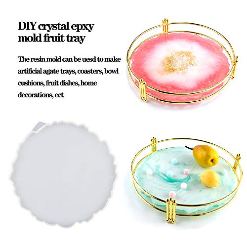 10 Inch Large Silicone Tray Mold, Round Shape Resin Agate Tray Mold with 2 Gold Handle, Epoxy Resin Casting DIY Molds for Making Faux Agate Tray, Serving Board