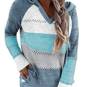 SHEWIN Womens Striped Color Block Lightweight Knit Sweater Hoodies Casual Long Sleeve V Neck Drawstring Pullover Sweatshirts Fall Sweaters for Women 2023,US 12-14(L),Sky Blue