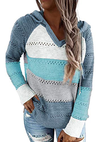 SHEWIN Womens Striped Color Block Lightweight Knit Sweater Hoodies Casual Long Sleeve V Neck Drawstring Pullover Sweatshirts Fall Sweaters for Women 2023,US 12-14(L),Sky Blue