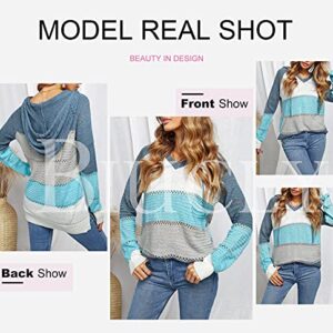 SHEWIN Womens Striped Color Block Lightweight Knit Sweater Hoodies Casual Long Sleeve V Neck Drawstring Pullover Sweatshirts Fall Sweaters for Women 2023,US 12-14(L),Sky Blue