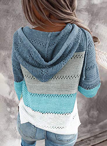 SHEWIN Womens Striped Color Block Lightweight Knit Sweater Hoodies Casual Long Sleeve V Neck Drawstring Pullover Sweatshirts Fall Sweaters for Women 2023,US 12-14(L),Sky Blue