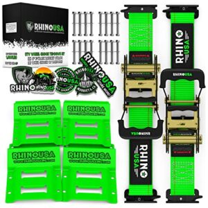 rhino usa wheel chock tie down kit (1,986lb break strength) ultimate heavy duty trailer tire straps system for atv, utv, lawn mower & more - ratchet tie downs accessories with e track for four wheeler