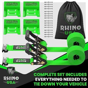 Rhino USA Wheel Chock Tie Down Kit (1,986lb Break Strength) Ultimate Heavy Duty Trailer Tire Straps System for ATV, UTV, Lawn Mower & More - Ratchet Tie Downs Accessories with E Track for Four Wheeler