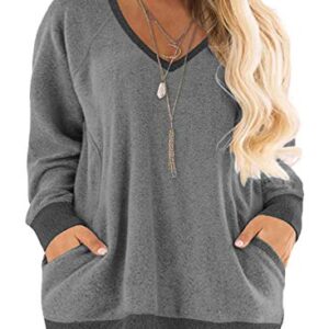 DOLNINE Plus Size Sweatshirts for Women Long Sleeve Tops V Neck T Shirts Dark Grey -18W