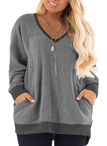 DOLNINE Plus Size Sweatshirts for Women Long Sleeve Tops V Neck T Shirts Dark Grey -18W