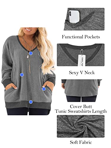 DOLNINE Plus Size Sweatshirts for Women Long Sleeve Tops V Neck T Shirts Dark Grey -18W