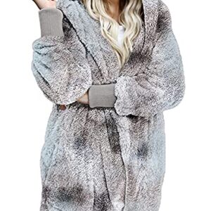 Dokotoo Womens Cozy Ladies Fashion 2023 Oversized Fuzzy Fluffy Fleece Winter Fall Soft Open Front Long Sleeve Fleece Hoodies Cardigans Sweaters Jackets Coat Outerwear Tie Dye Grey Medium