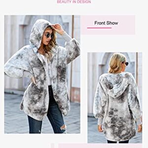 Dokotoo Womens Cozy Ladies Fashion 2023 Oversized Fuzzy Fluffy Fleece Winter Fall Soft Open Front Long Sleeve Fleece Hoodies Cardigans Sweaters Jackets Coat Outerwear Tie Dye Grey Medium