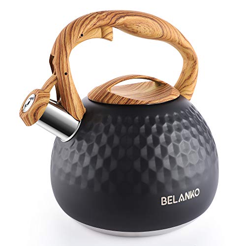 Tea Kettle, 2.7 Quart / 3 Liter BELANKO Stainless Steel Tea Kettles for Stove Top, Food Grade Teapot with Wood Pattern Handle Loud Whistling for Coffee, Milk etc, Gas Electric Applicable - Black