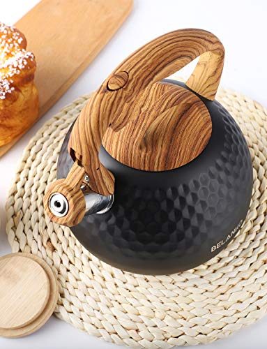 Tea Kettle, 2.7 Quart / 3 Liter BELANKO Stainless Steel Tea Kettles for Stove Top, Food Grade Teapot with Wood Pattern Handle Loud Whistling for Coffee, Milk etc, Gas Electric Applicable - Black