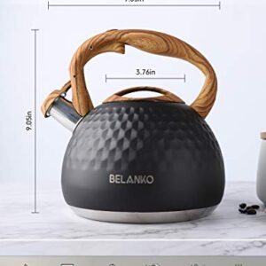 Tea Kettle, 2.7 Quart / 3 Liter BELANKO Stainless Steel Tea Kettles for Stove Top, Food Grade Teapot with Wood Pattern Handle Loud Whistling for Coffee, Milk etc, Gas Electric Applicable - Black