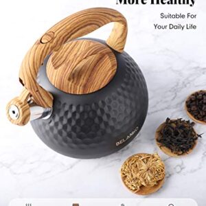 Tea Kettle, 2.7 Quart / 3 Liter BELANKO Stainless Steel Tea Kettles for Stove Top, Food Grade Teapot with Wood Pattern Handle Loud Whistling for Coffee, Milk etc, Gas Electric Applicable - Black