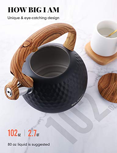 Tea Kettle, 2.7 Quart / 3 Liter BELANKO Stainless Steel Tea Kettles for Stove Top, Food Grade Teapot with Wood Pattern Handle Loud Whistling for Coffee, Milk etc, Gas Electric Applicable - Black