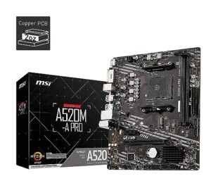 msi a520m-a pro gaming motherboard (amd am4, ddr4, pcie 3.0, sata 6gb/s, m.2, usb 3.2 gen 1, dvi/hdmi, micro-atx)