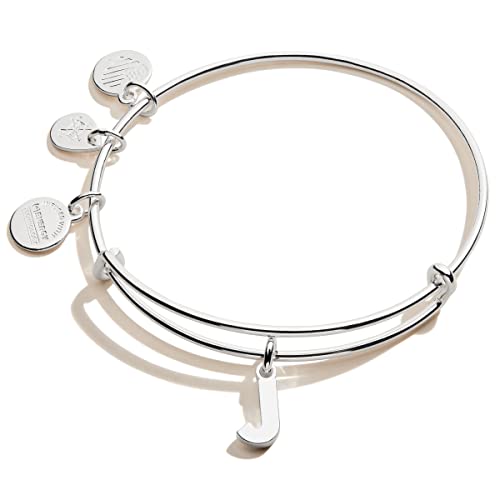 Alex and Ani Expandable Bangle for Women, Initial J Letter Charm, Shiny Silver Finish, 2 to 3.5 in