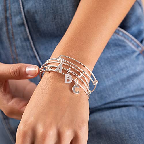 Alex and Ani Expandable Bangle for Women, Initial J Letter Charm, Shiny Silver Finish, 2 to 3.5 in